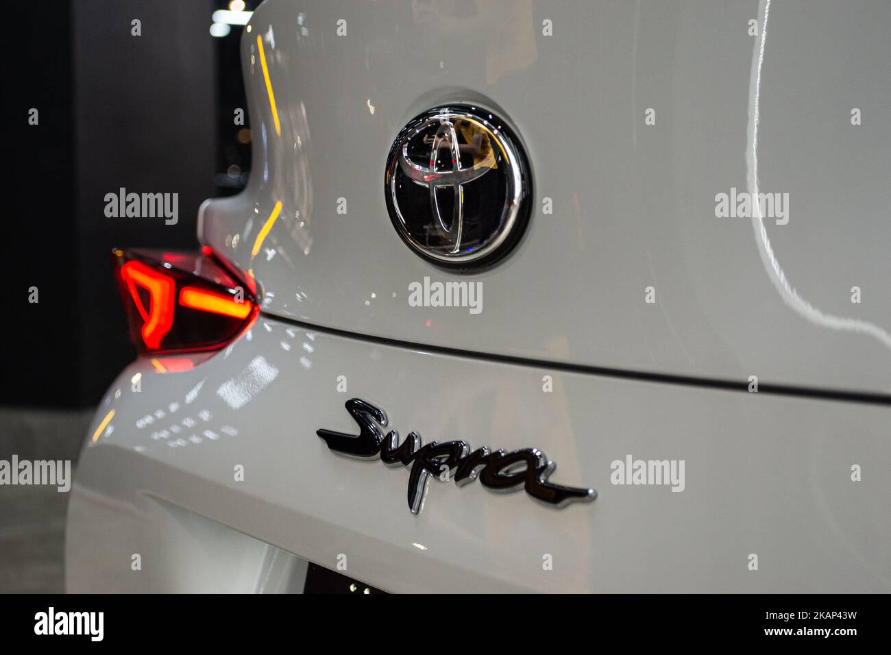 A closeup of White 2022 Toyota Supra Mark 5 rear badges Stock Photo - Alamy