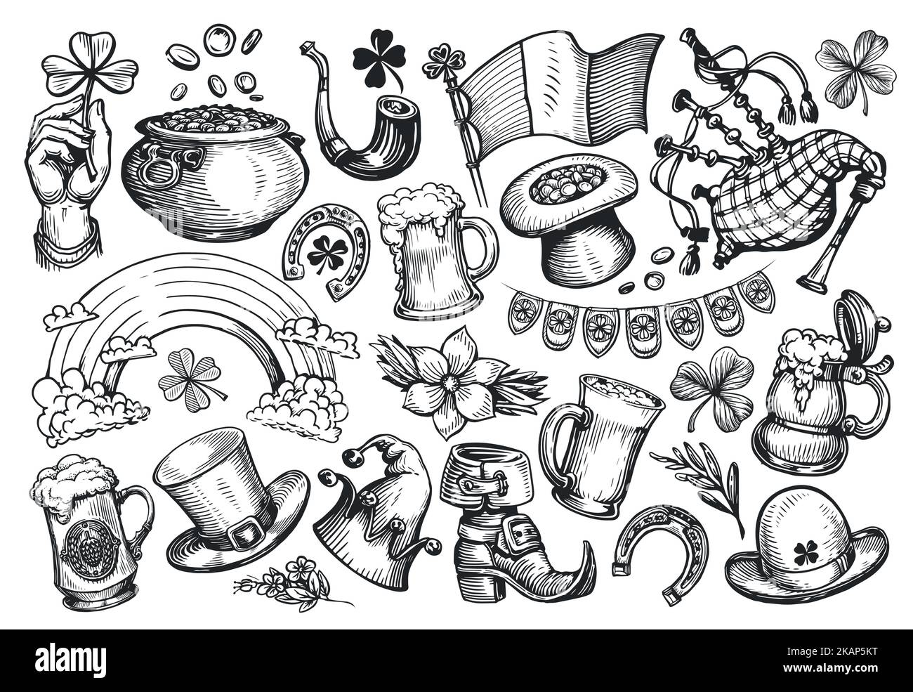 Patricks day concept. Irish holiday symbols set sketch. Collection ...