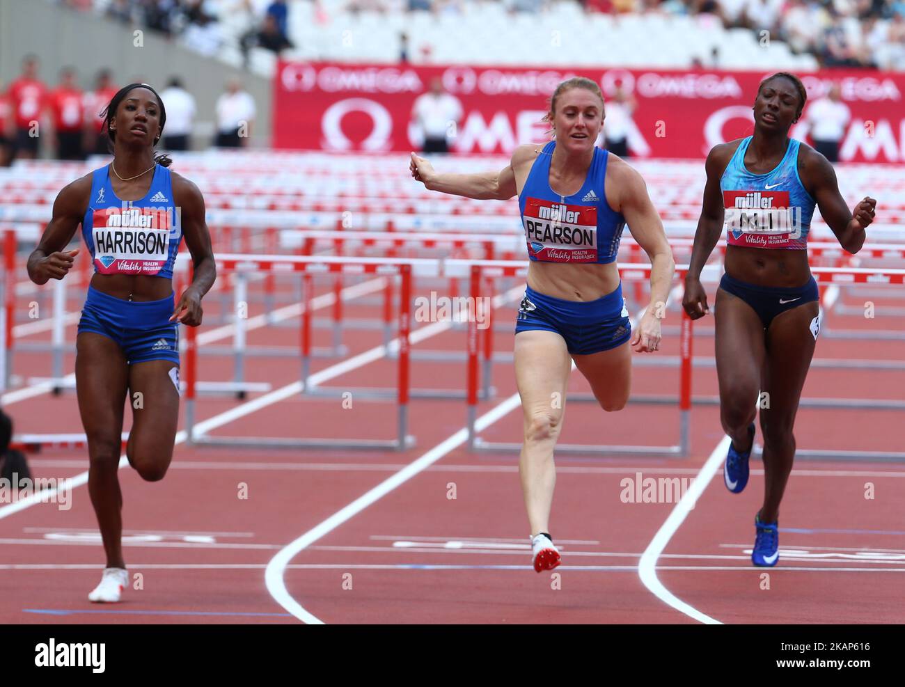L-R Kendra Harrison (USA), Sally Person (AUS) and Nia Ali (USA) in ...