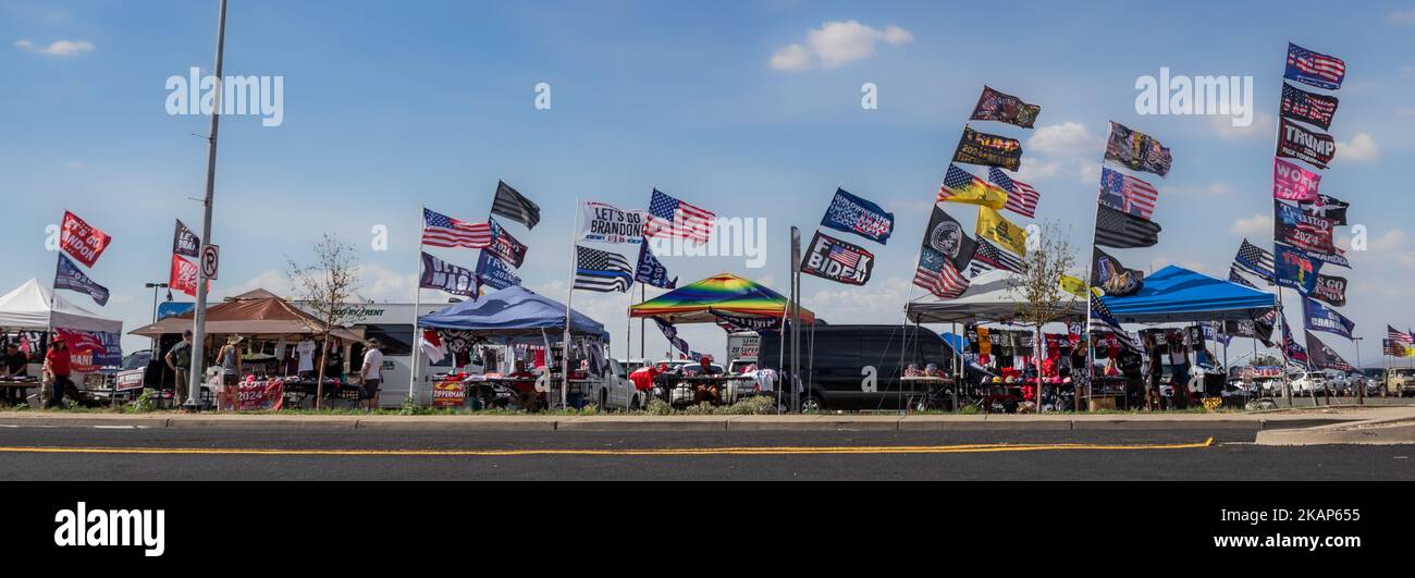 The waving Trump Flags and other merchandise being sold at a Trump ...