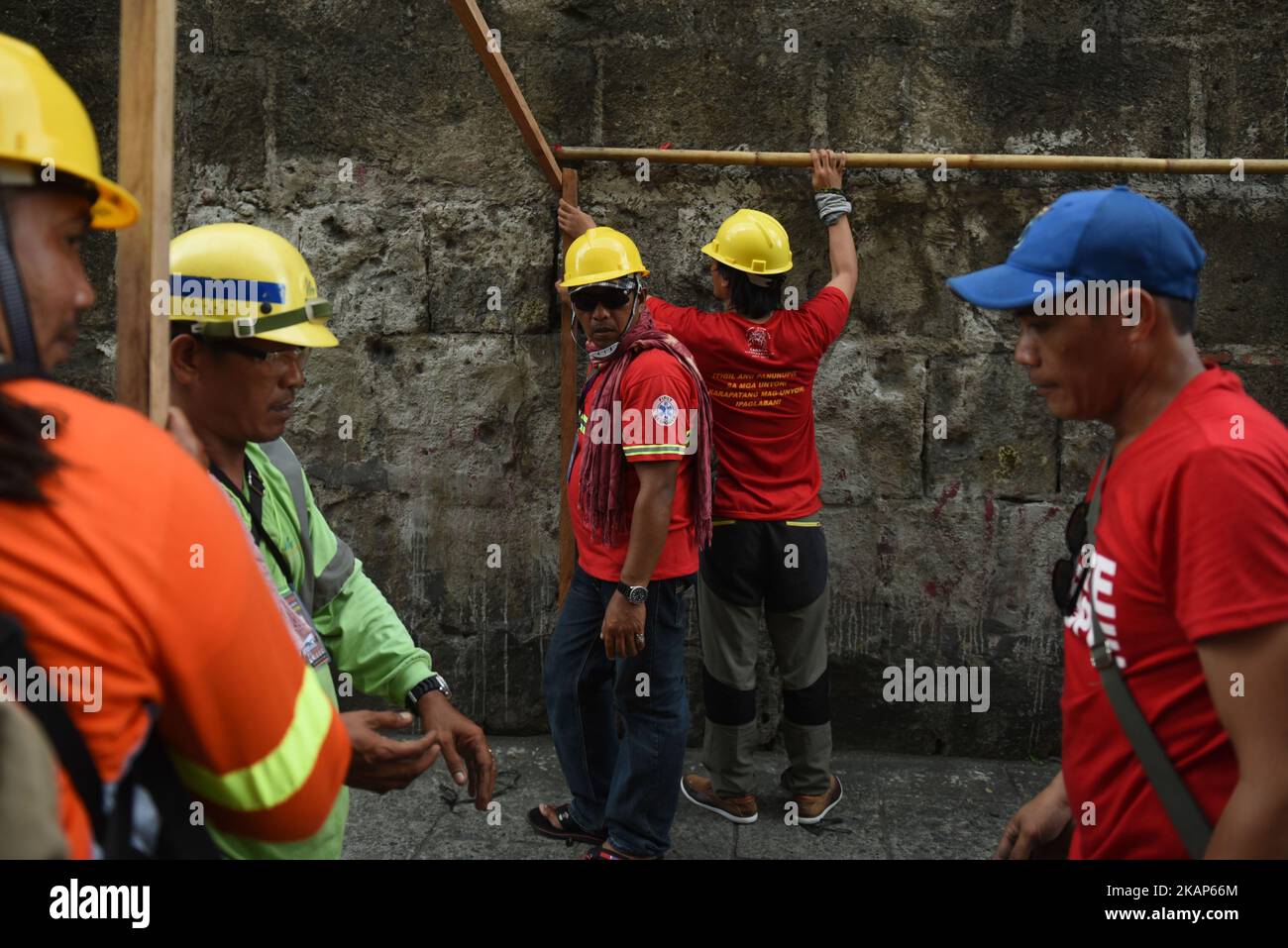 Miners from the CARAGA region in Mindanao set up their tents in front ...