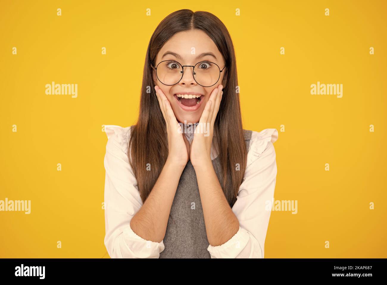 Teenager child girl with shocked facial expression. Surprised face expression, isolated on ...