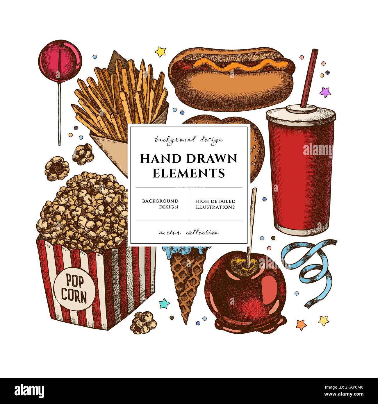 Carnival food square card or invitation design. Frame design with ... Carnival food square card or invitation design. Frame design with ...