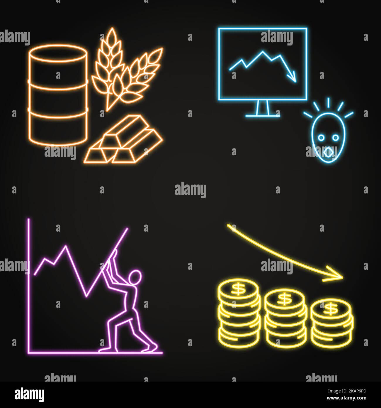 Stock market financial crisis neon icon set in line style. Recession ...