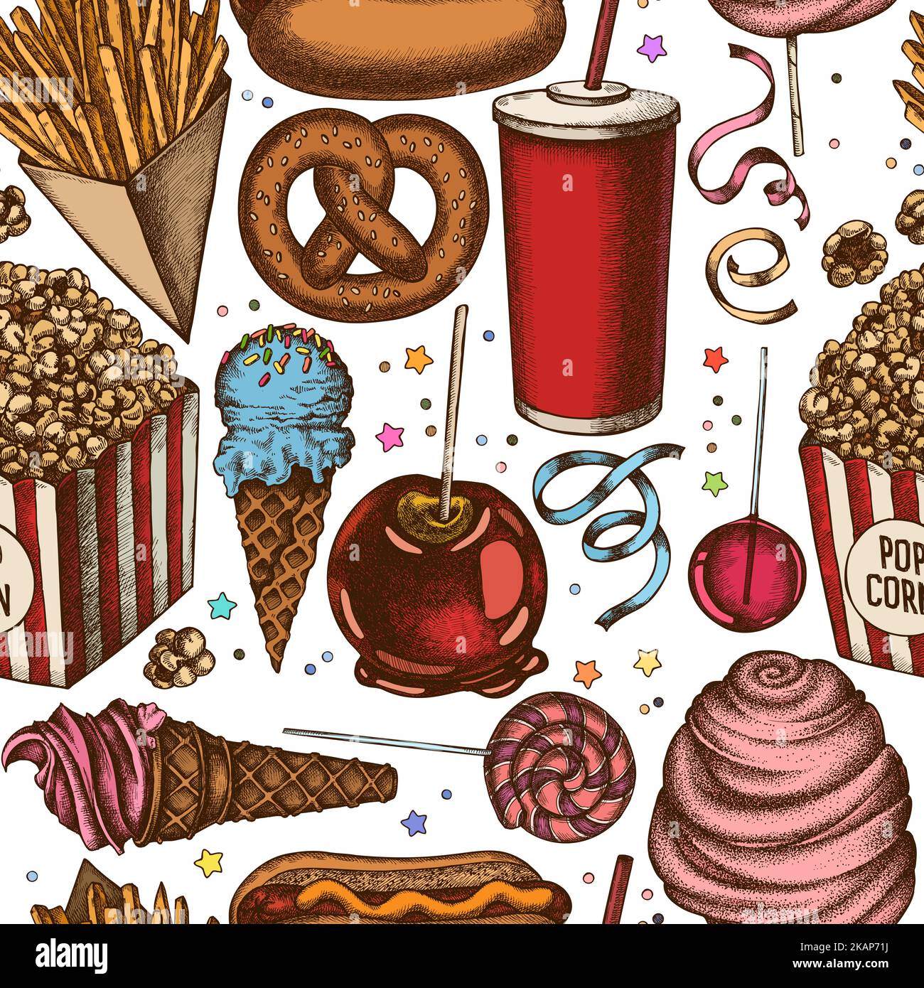 Carnival food seamless pattern background design. Engraved style. Hand ...
