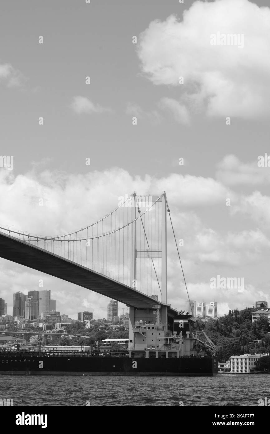 A vertical grayscale shot of the historic Bosphorus Bridge in Istanbul ...