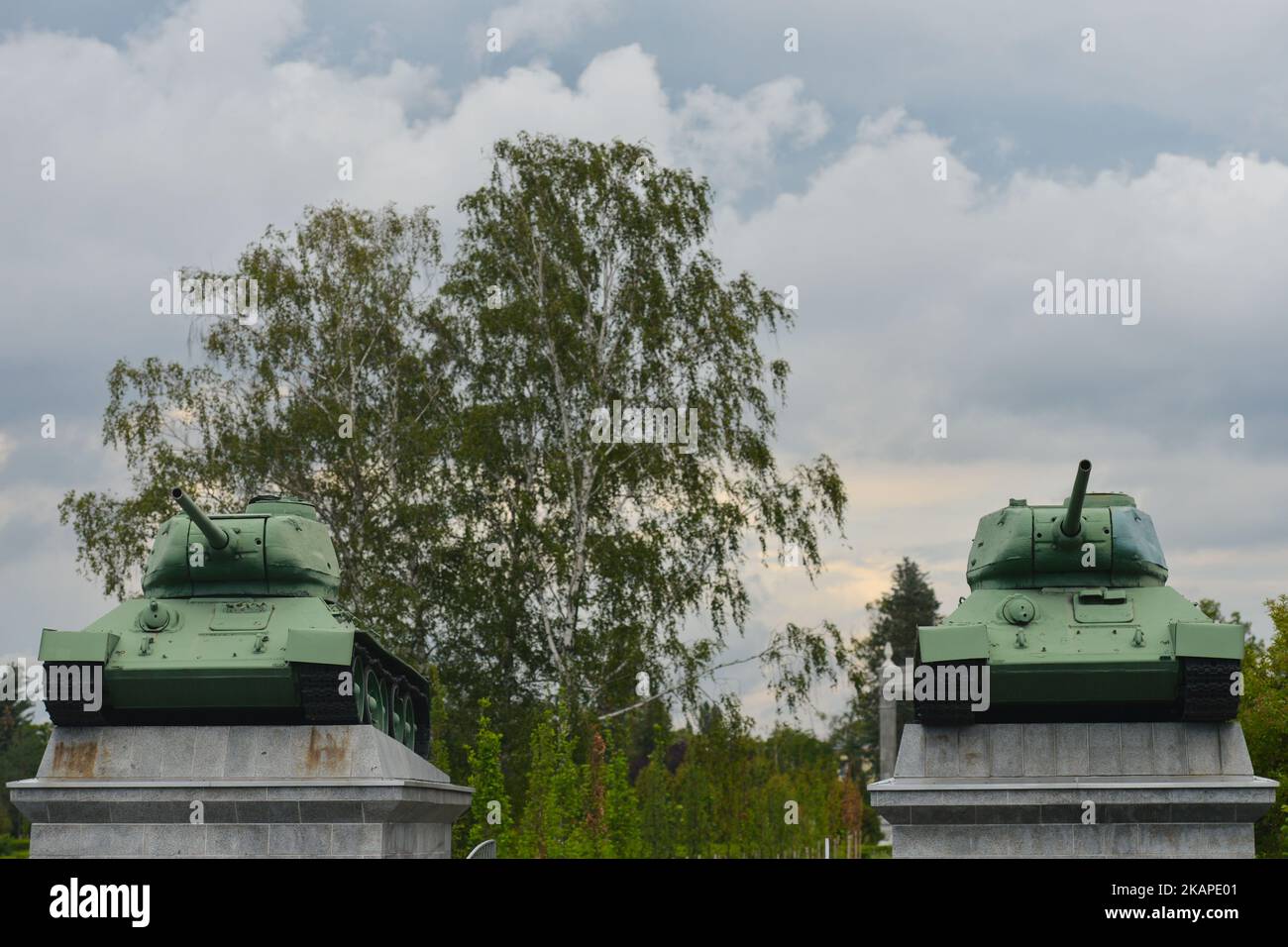A view of a monument with two of four tanks, used during the fighting ...