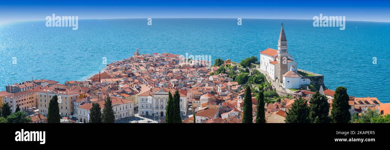 Panoramic view of Piran with St. George´s Parish Church in Slovenia ...