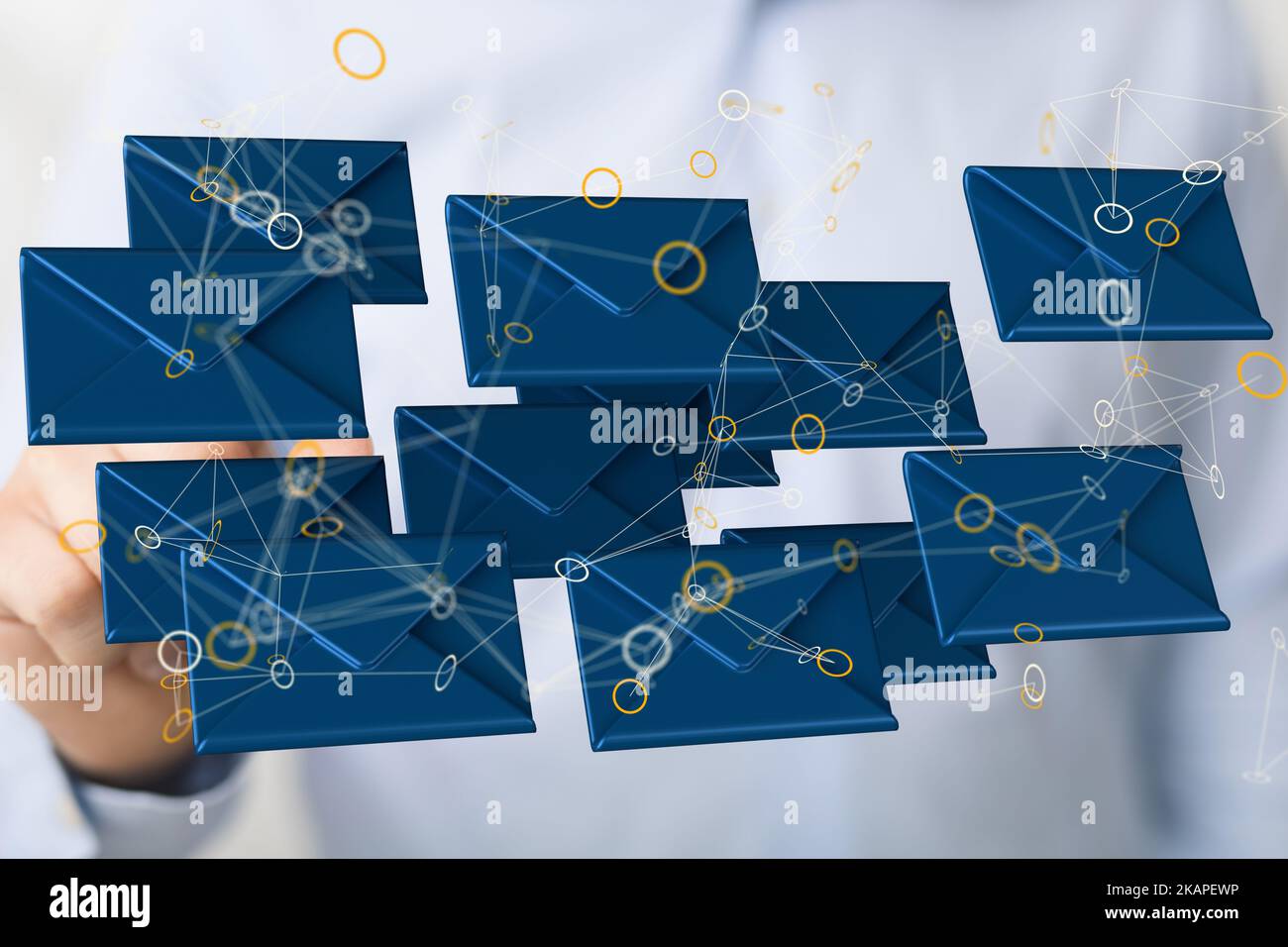 A man touching 3D rendered communication signs Stock Photo - Alamy