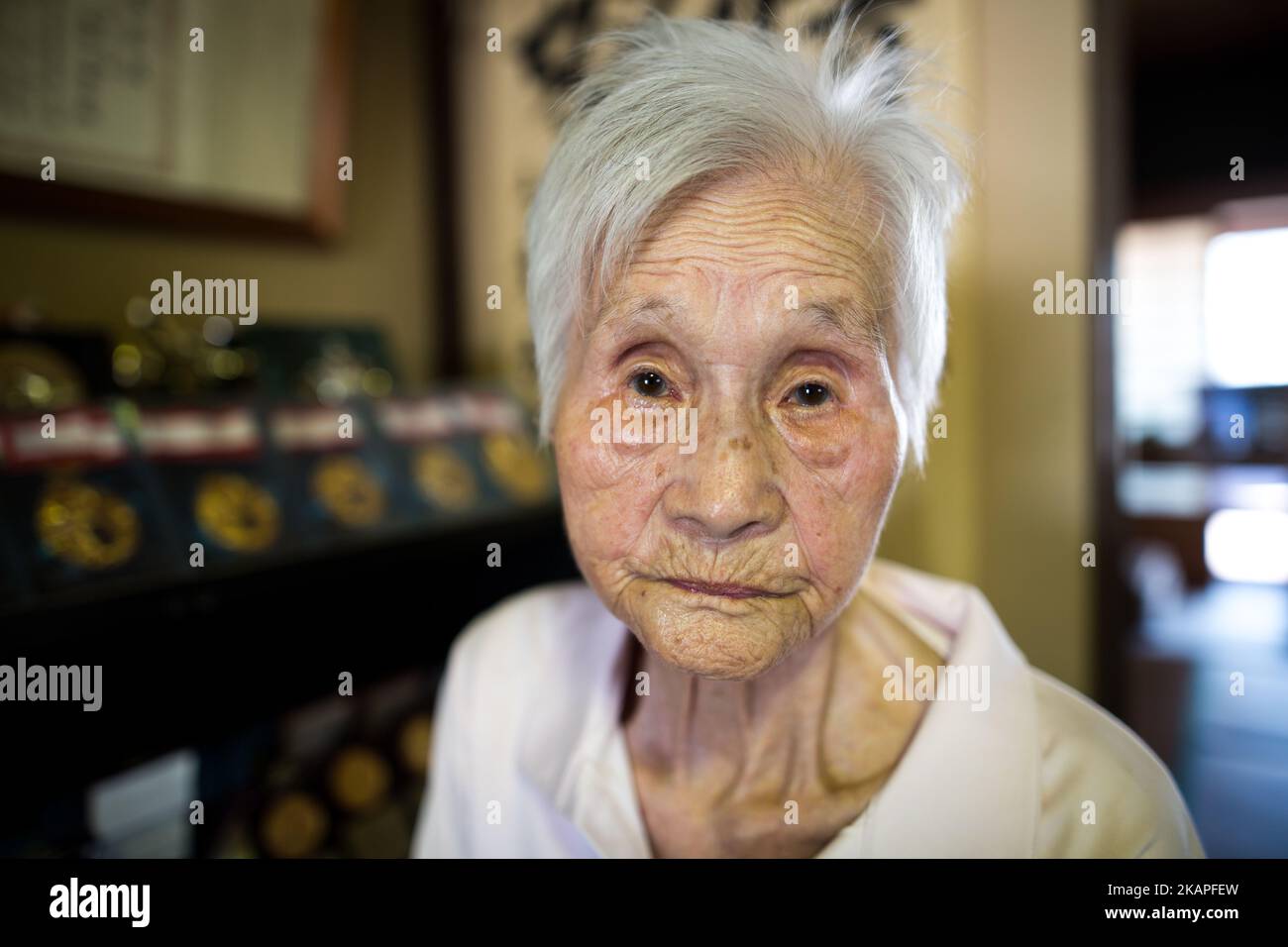 103-year-old Mieko Nagaoka poses for a photo in her house in Yanai City ...