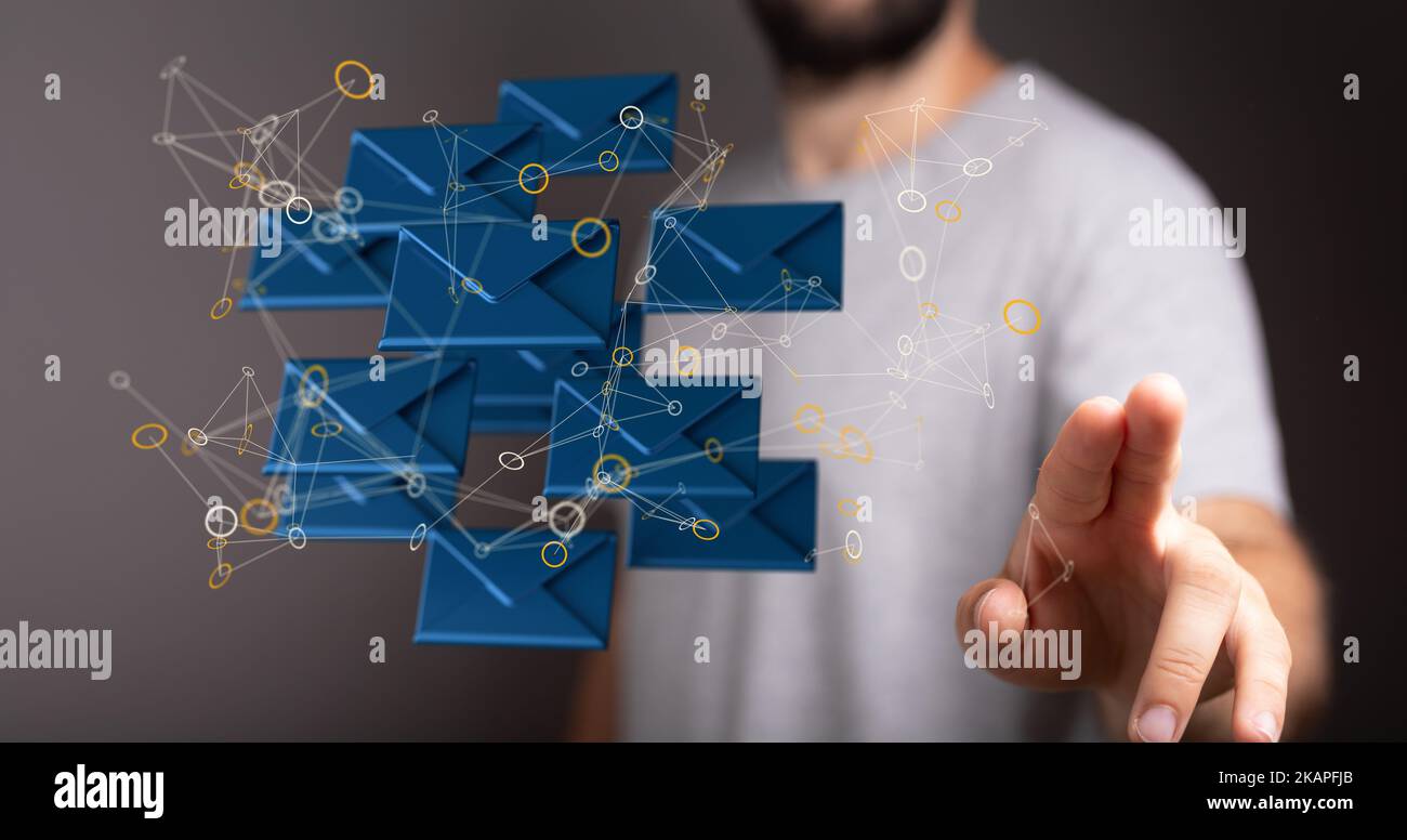 A man touching 3D rendered communication signs Stock Photo - Alamy