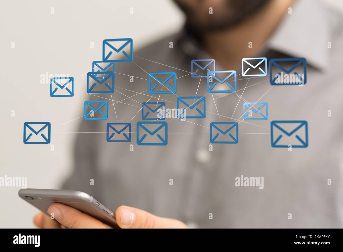 A man touching 3D rendered communication signs Stock Photo - Alamy