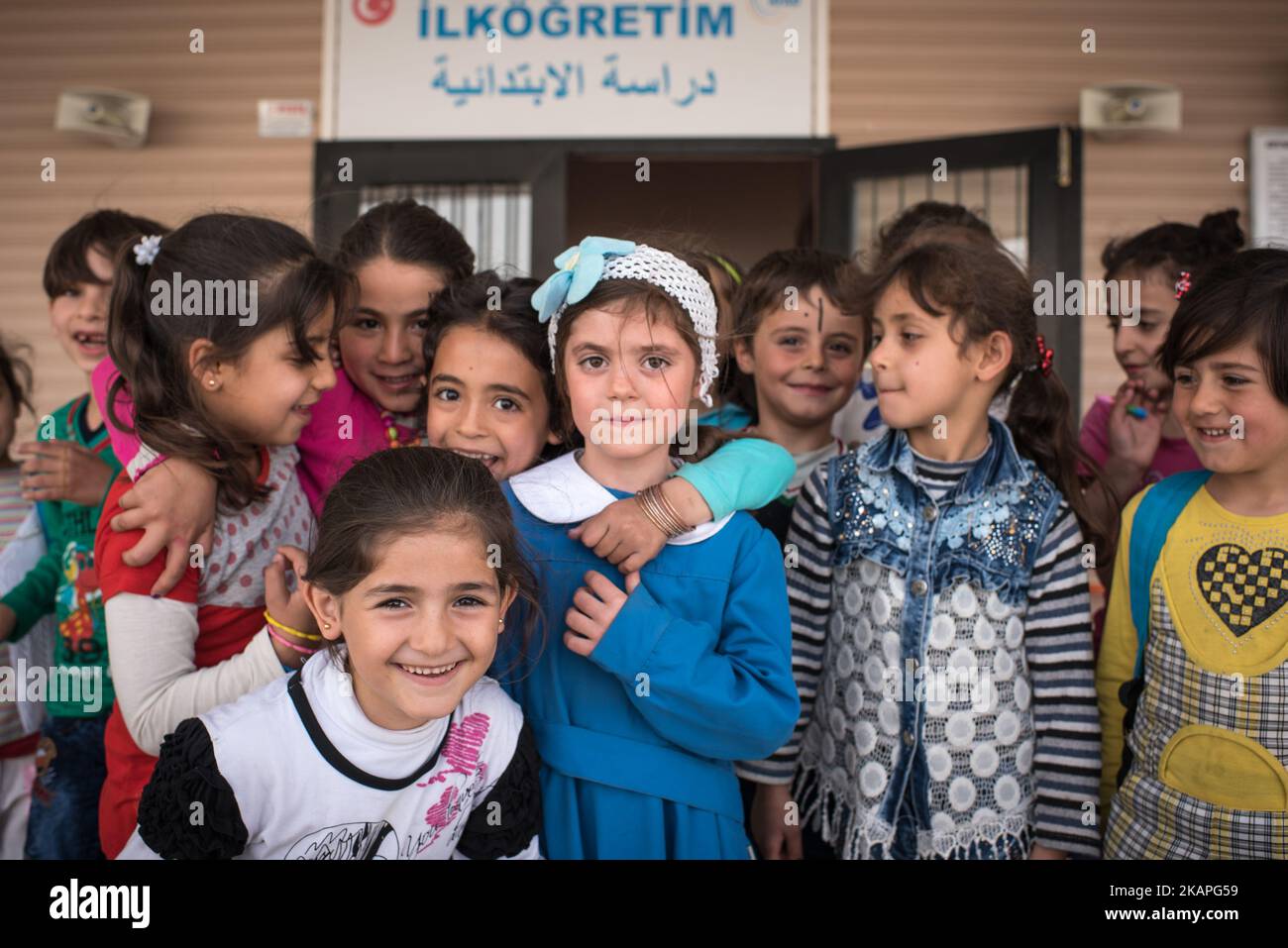 Syrian refugees children in a school building in the refugee camp Nizip ...