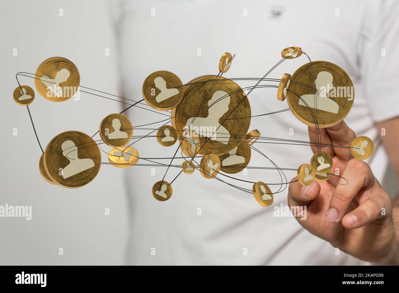 A man touching 3D rendered people signs Stock Photo - Alamy