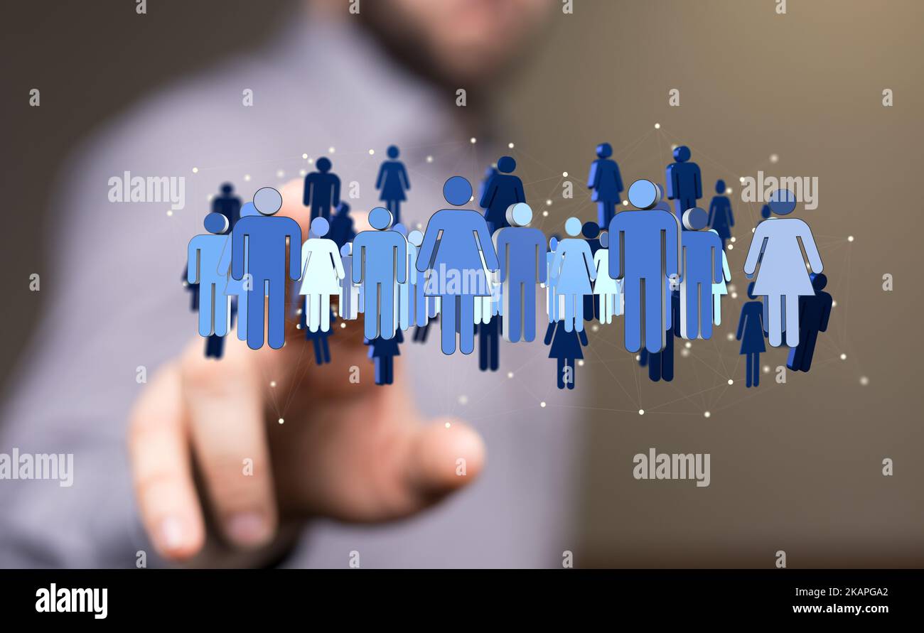 A man touching 3D rendered people signs Stock Photo - Alamy