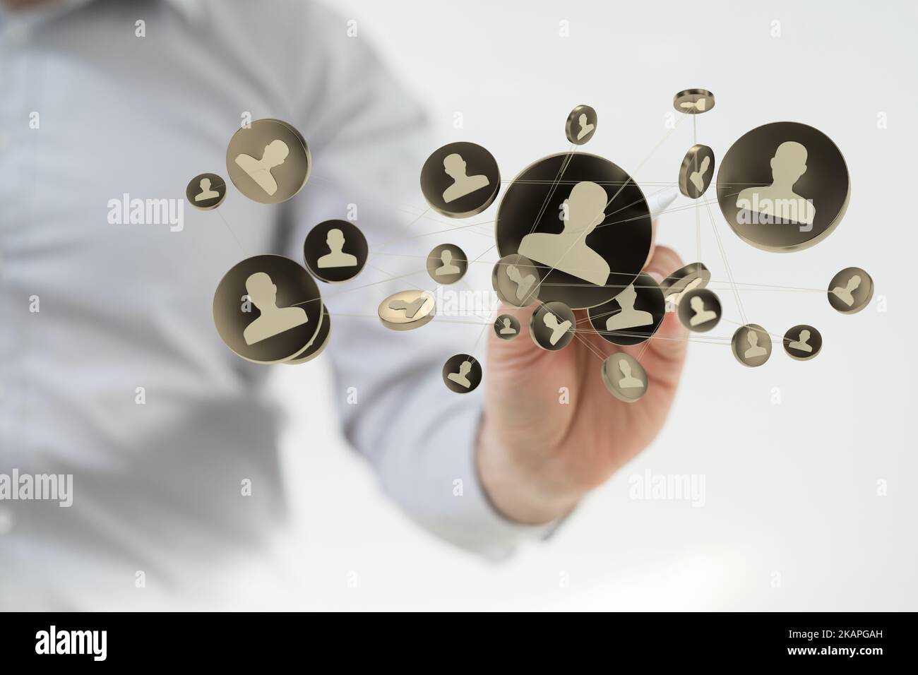 A man touching 3D rendered people signs Stock Photo - Alamy