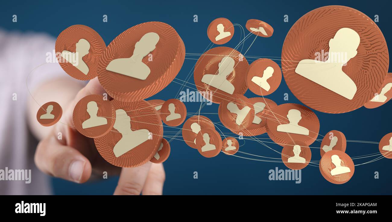 A man touching 3D rendered people signs Stock Photo - Alamy