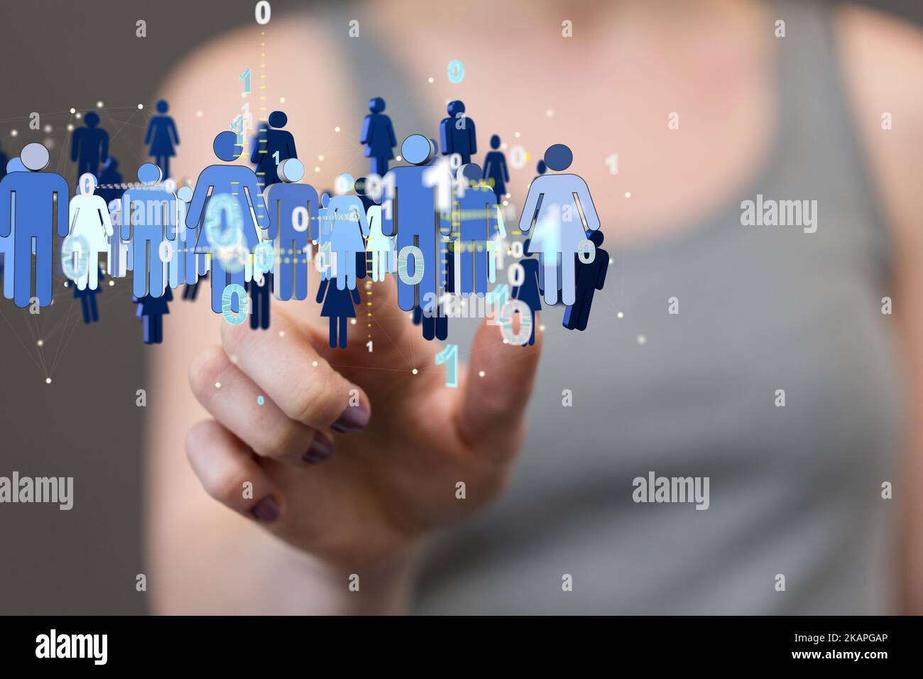 A girl touching 3D rendered people signs Stock Photo - Alamy