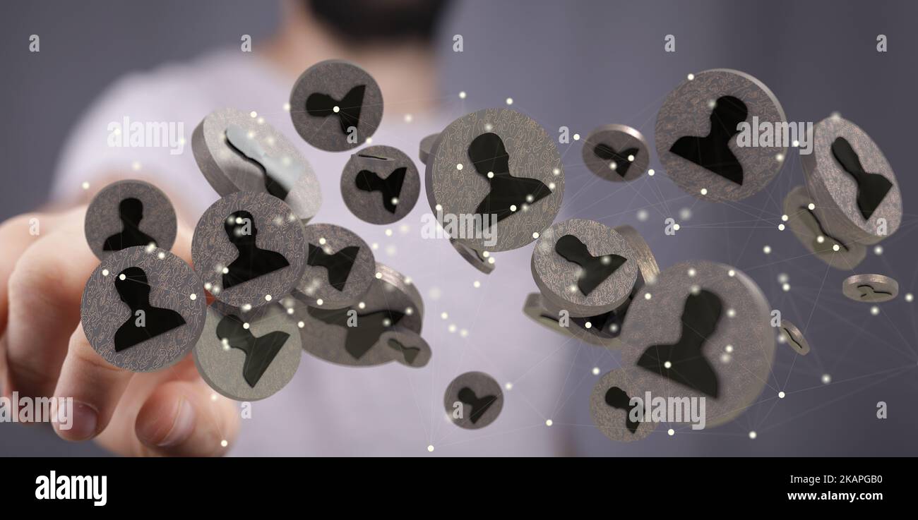 A man touching 3D rendered people signs Stock Photo - Alamy