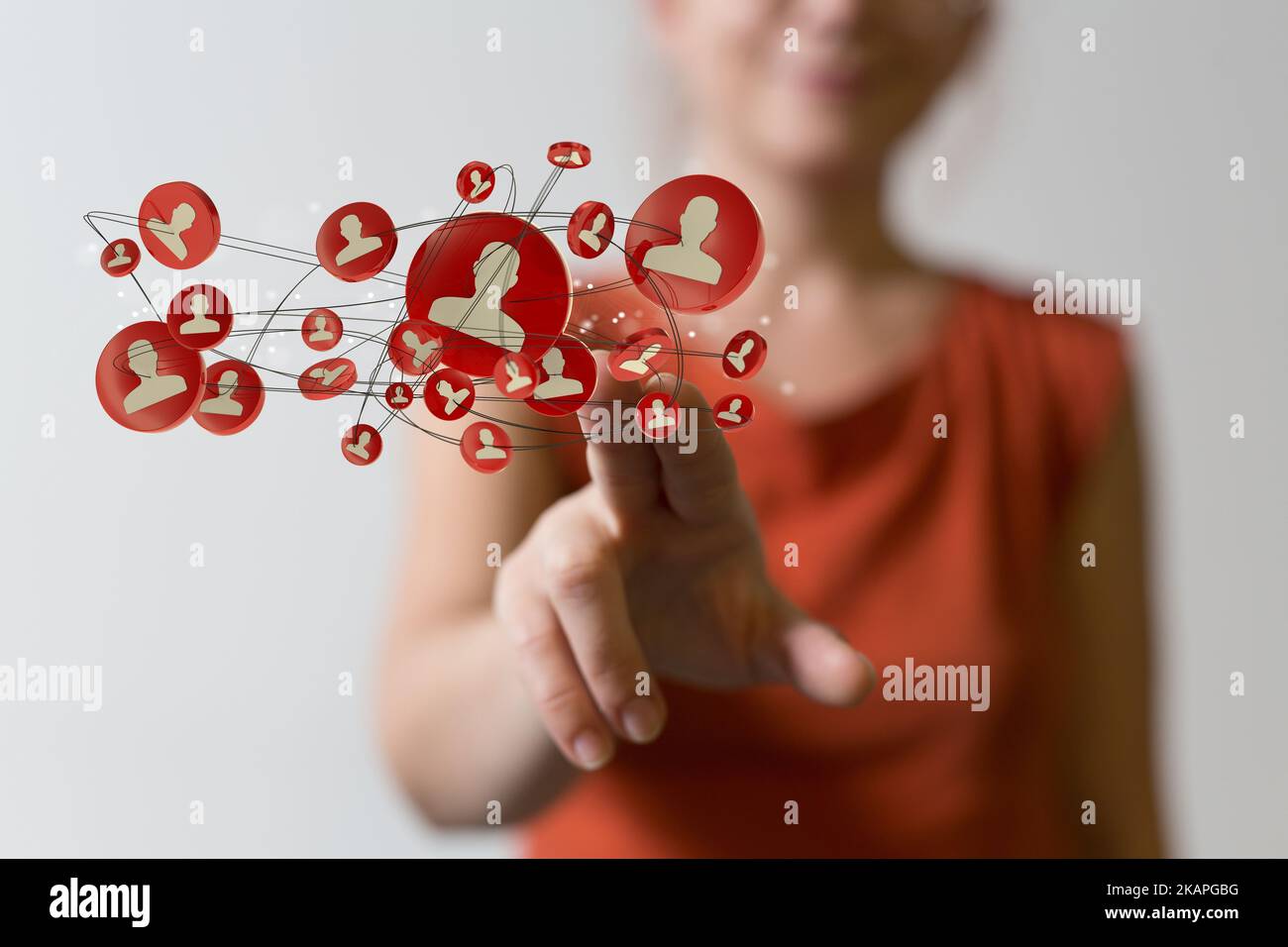 A girl touching 3D rendered people signs Stock Photo - Alamy