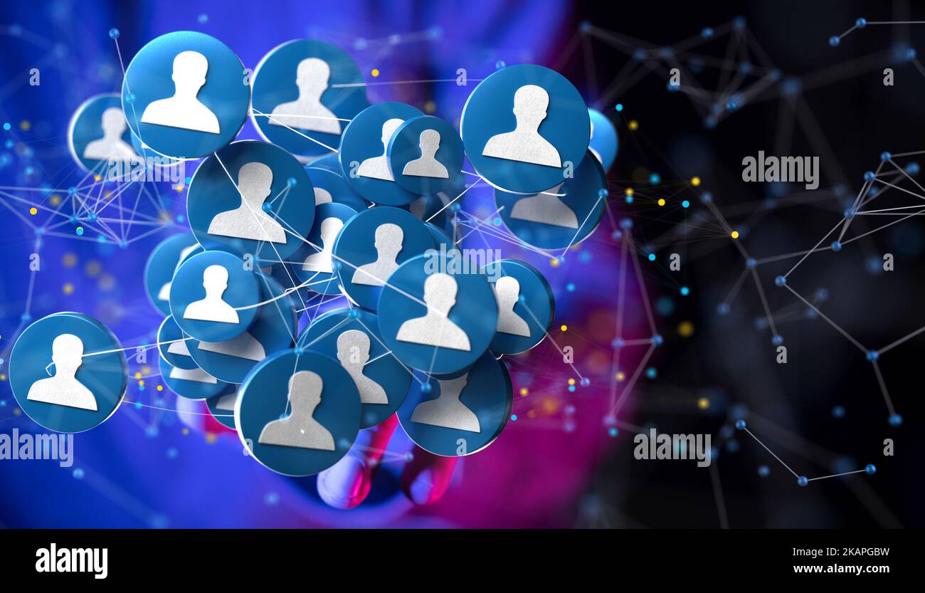 A man touching 3D rendered people signs Stock Photo - Alamy