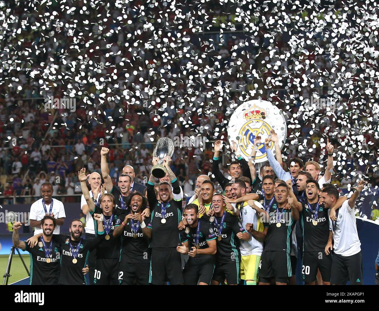 The Real Madrid team celebrate their win after the UEFA Super Cup match ...