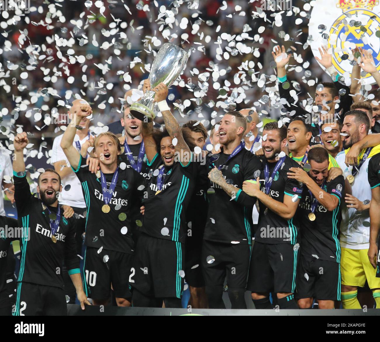 The Real Madrid team celebrate their win after the UEFA Super Cup match ...