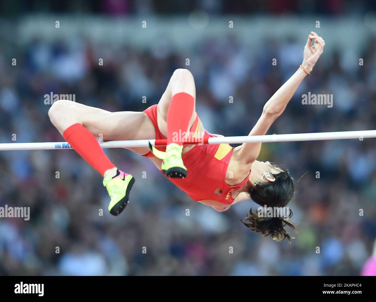 Ruth Beitia of Spain clears the bar as she competes during the womens ...