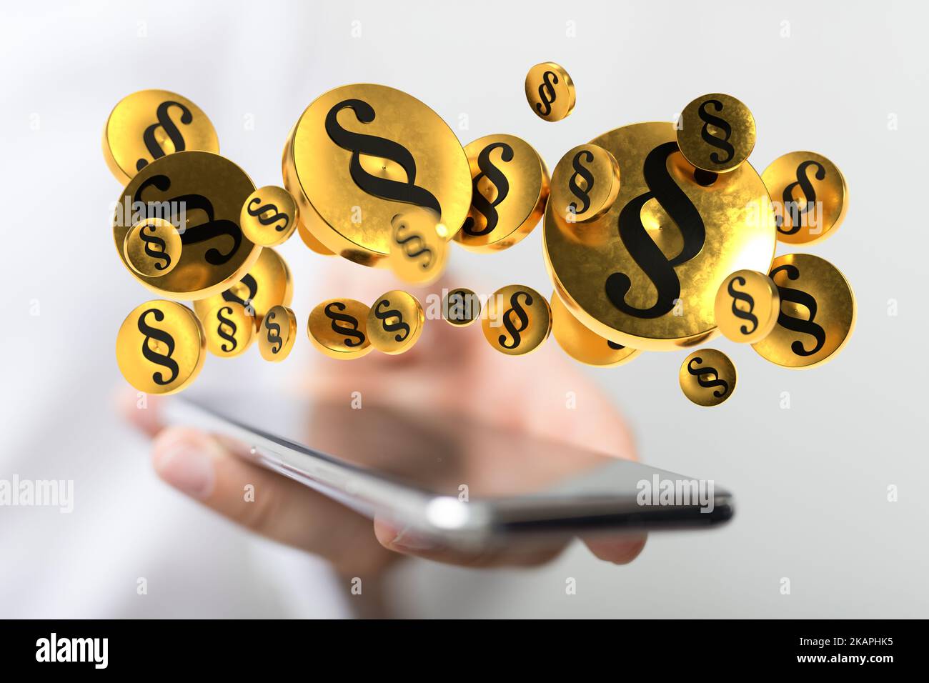 A man presenting 3D rendered paragraph signs above the smartphone ...
