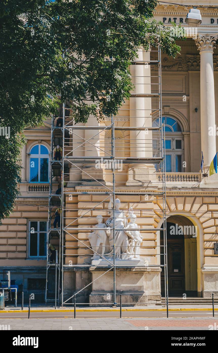 Restoration of old building. Scaffolding in front of building to ...