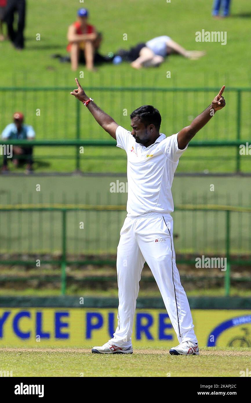 Sri Lankan cricketer Malinda Pushpakumara celebrates after taking a ...