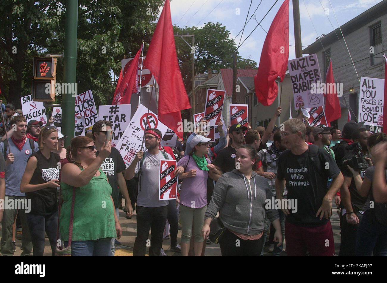 Protesters carry signs and flags during the Unite the Right free speech ...