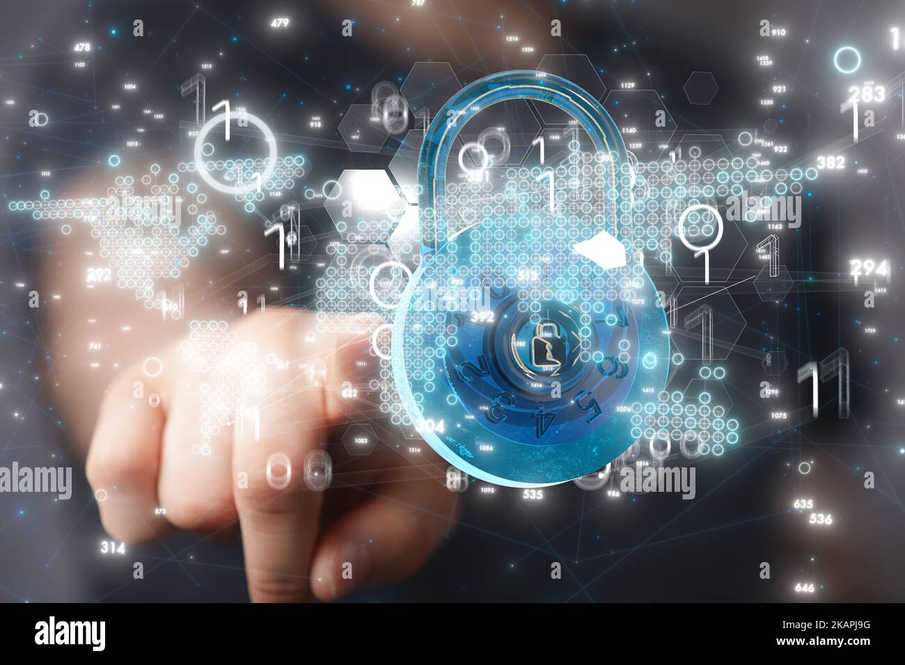 A man touching 3D rendered cybersecurity signs Stock Photo - Alamy