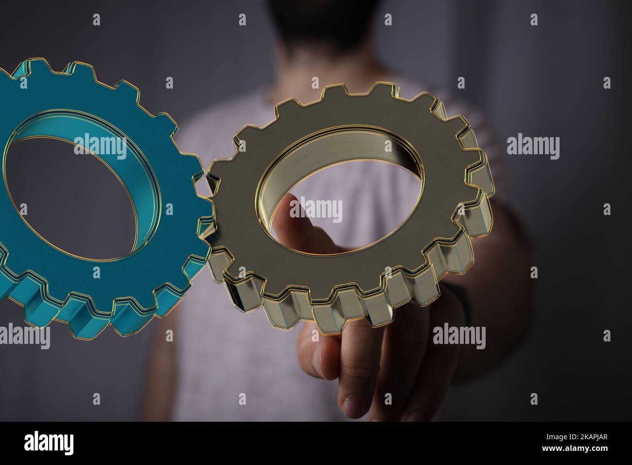 A man touching 3D rendered settings signs Stock Photo - Alamy