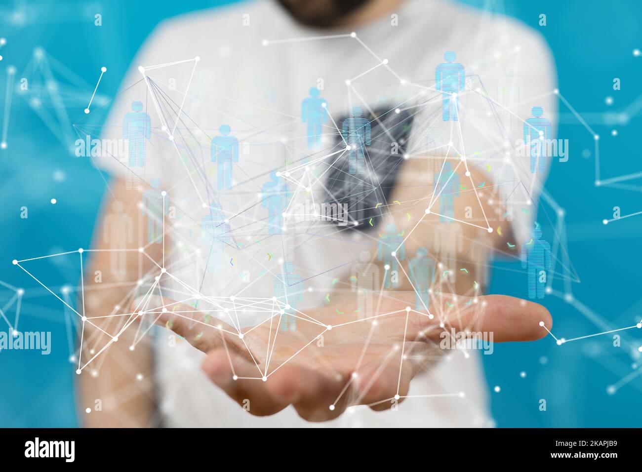 A man presenting 3D rendered people signs above his palms Stock Photo ...