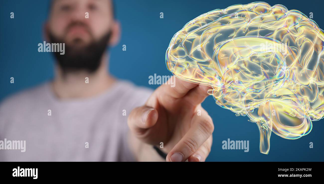 A man touching 3D rendered brain icon Stock Photo - Alamy