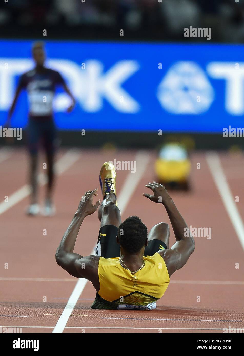 Usain Bolt of Jamaica, competes in his final 4 x 100 meter final in ...