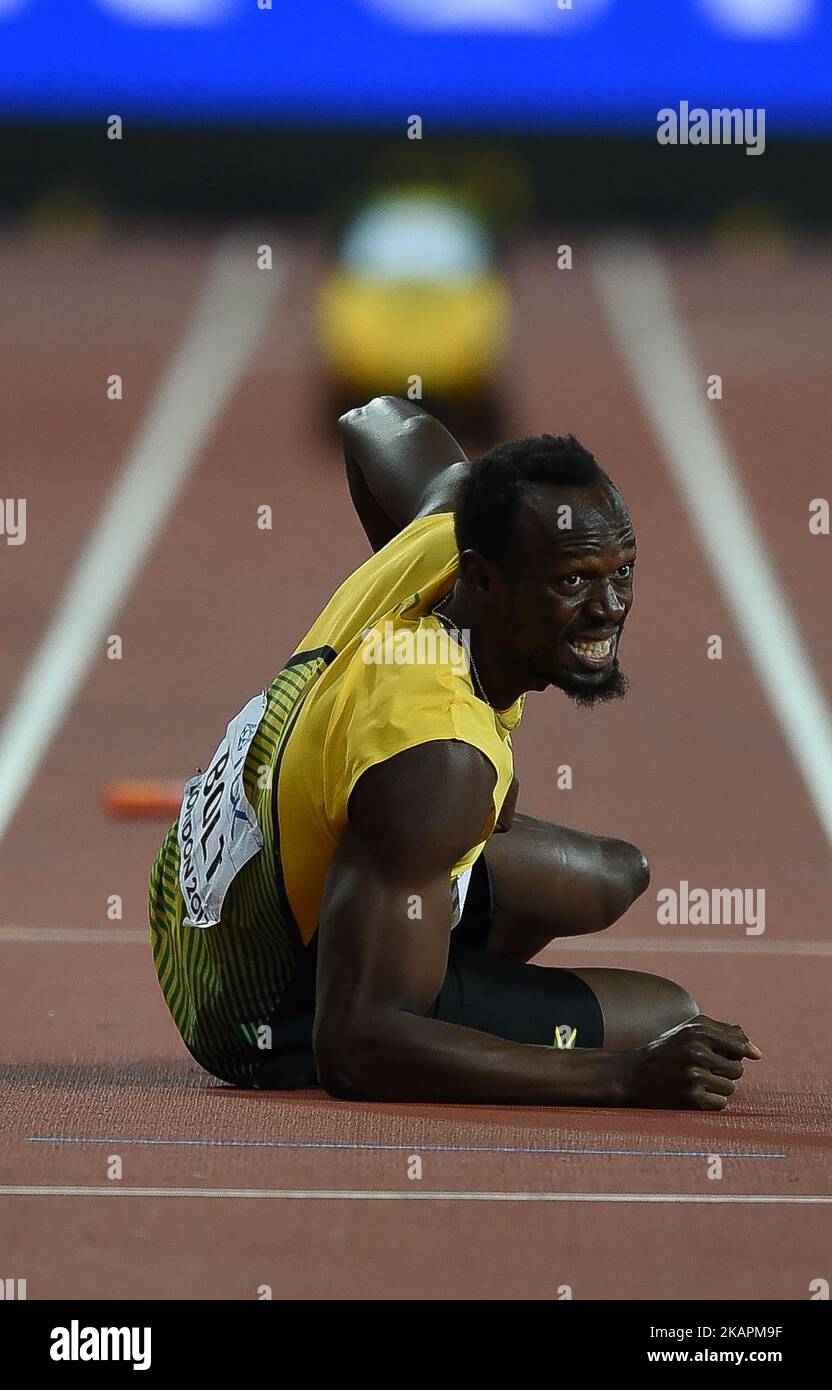 Usain Bolt of Jamaica, competes in his final 4 x 100 meter final in ...