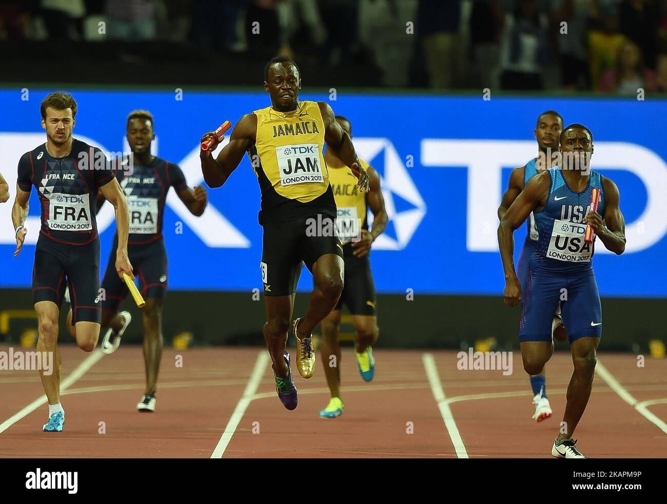 Usain Bolt of Jamaica, competes in his final 4 x 100 meter final in ...