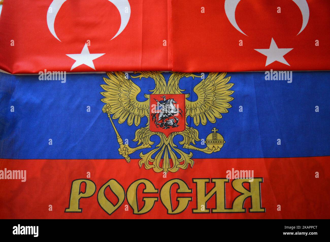 In this photo illustration, a Russian and a Turkish National flag can ...