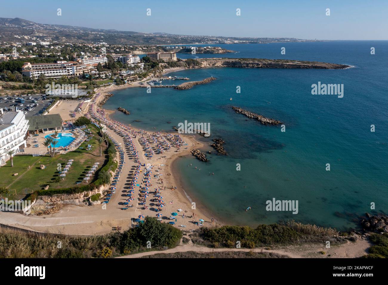 Aerial view of Coral Bay beach and the Corallia Beach Hotel, Peyia ...