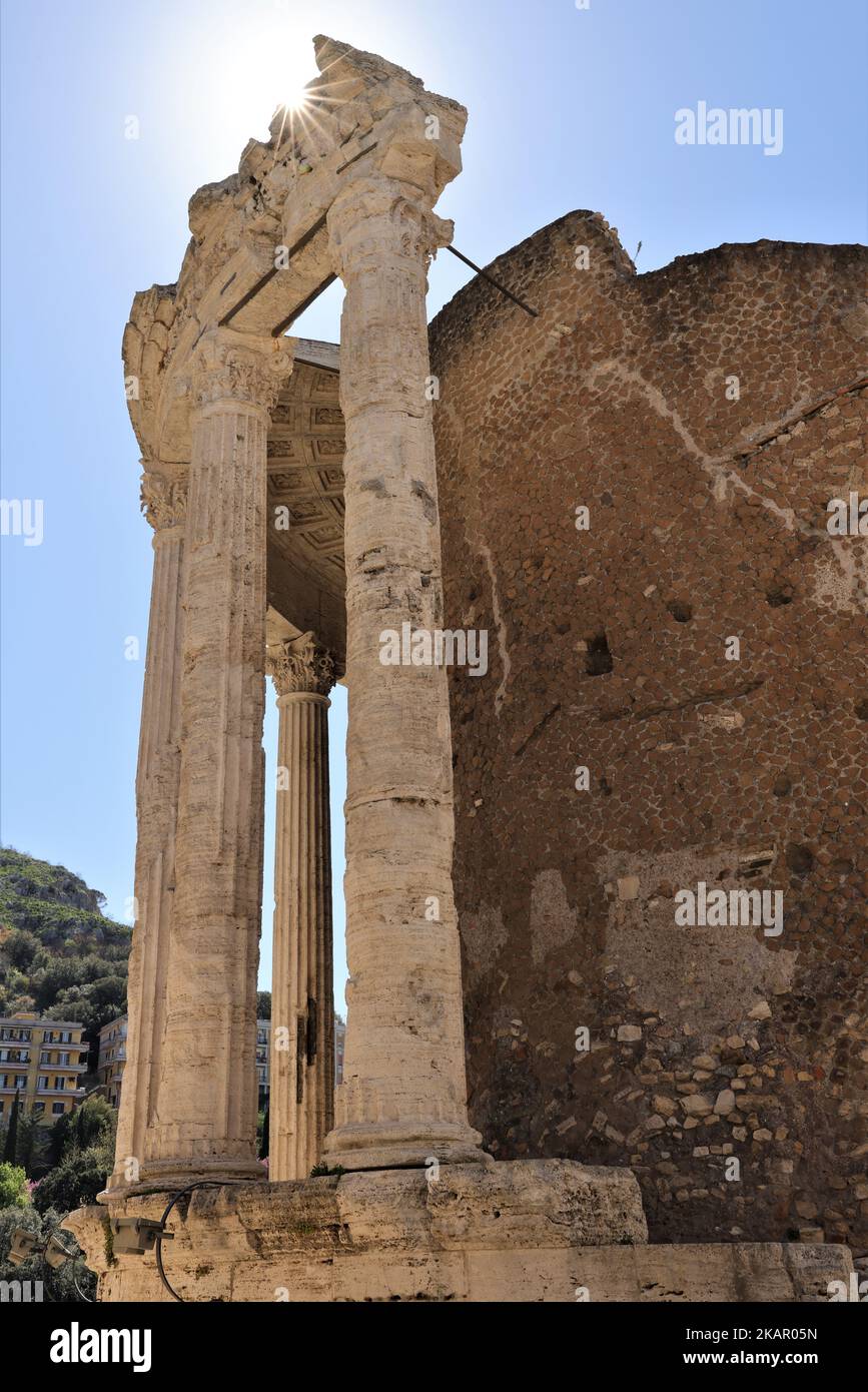 A vertical shot of ruined columns of a roman temple in the city of ...