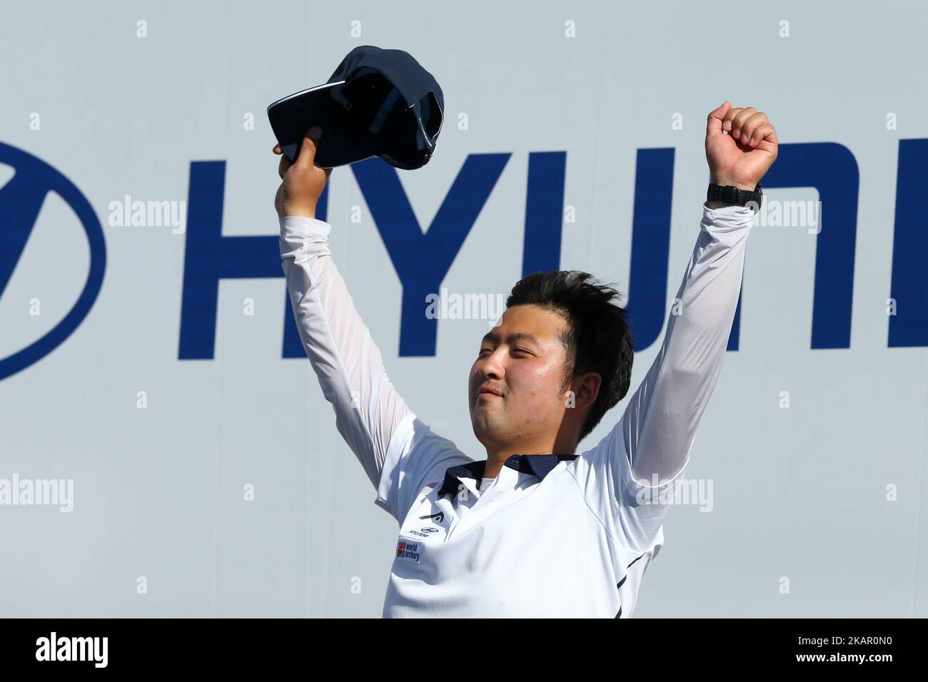 The gold medal winner Kim Woojin (KOR) of the Hyundai Archery World Cup ...