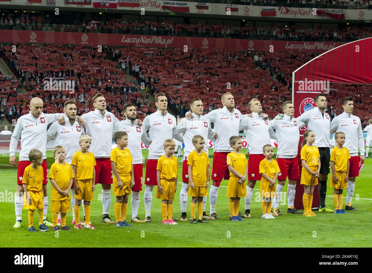 The Polish national football team during the national anthem during the ...