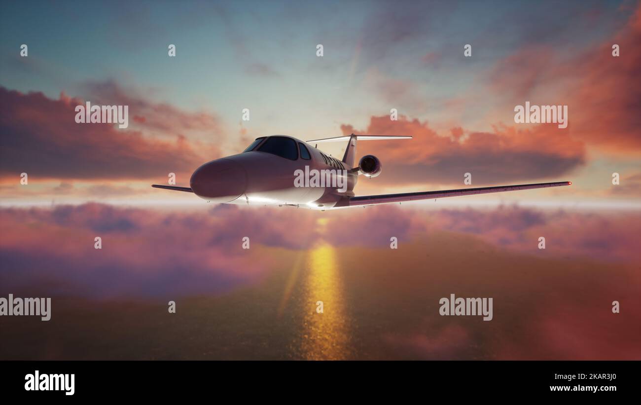 Private jet airplane flying above dramatic clouds, 3d render Stock ...