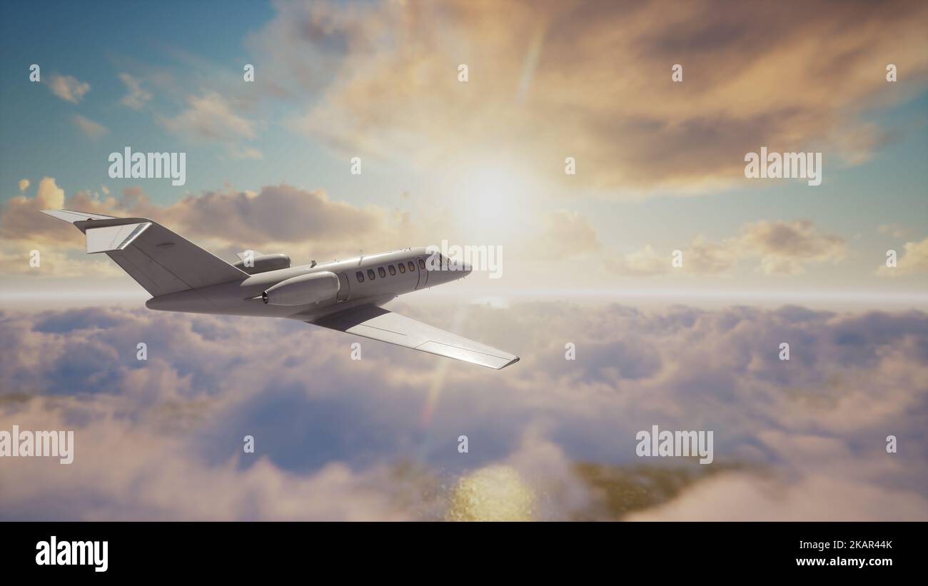 Private jet airplane flying above dramatic clouds, 3d render Stock ...