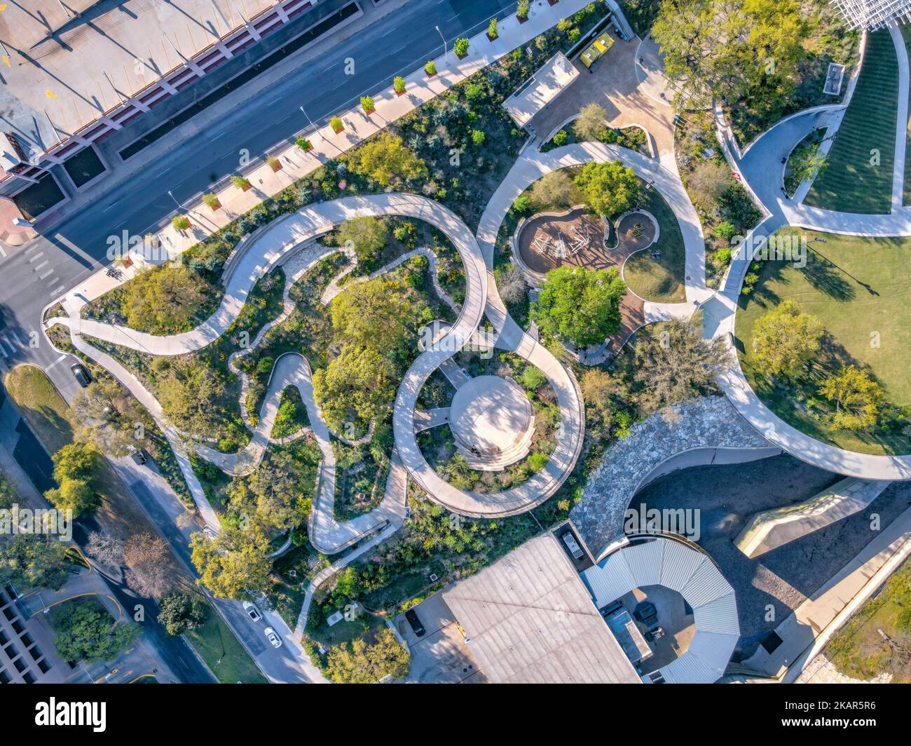 Waterloo Park aerial view of concrete curved abstract pathways at ...