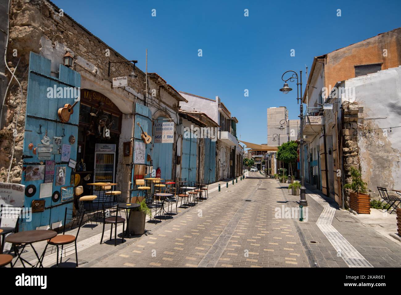 An exterior view of an old alley with buildings in Cyprus city in ...