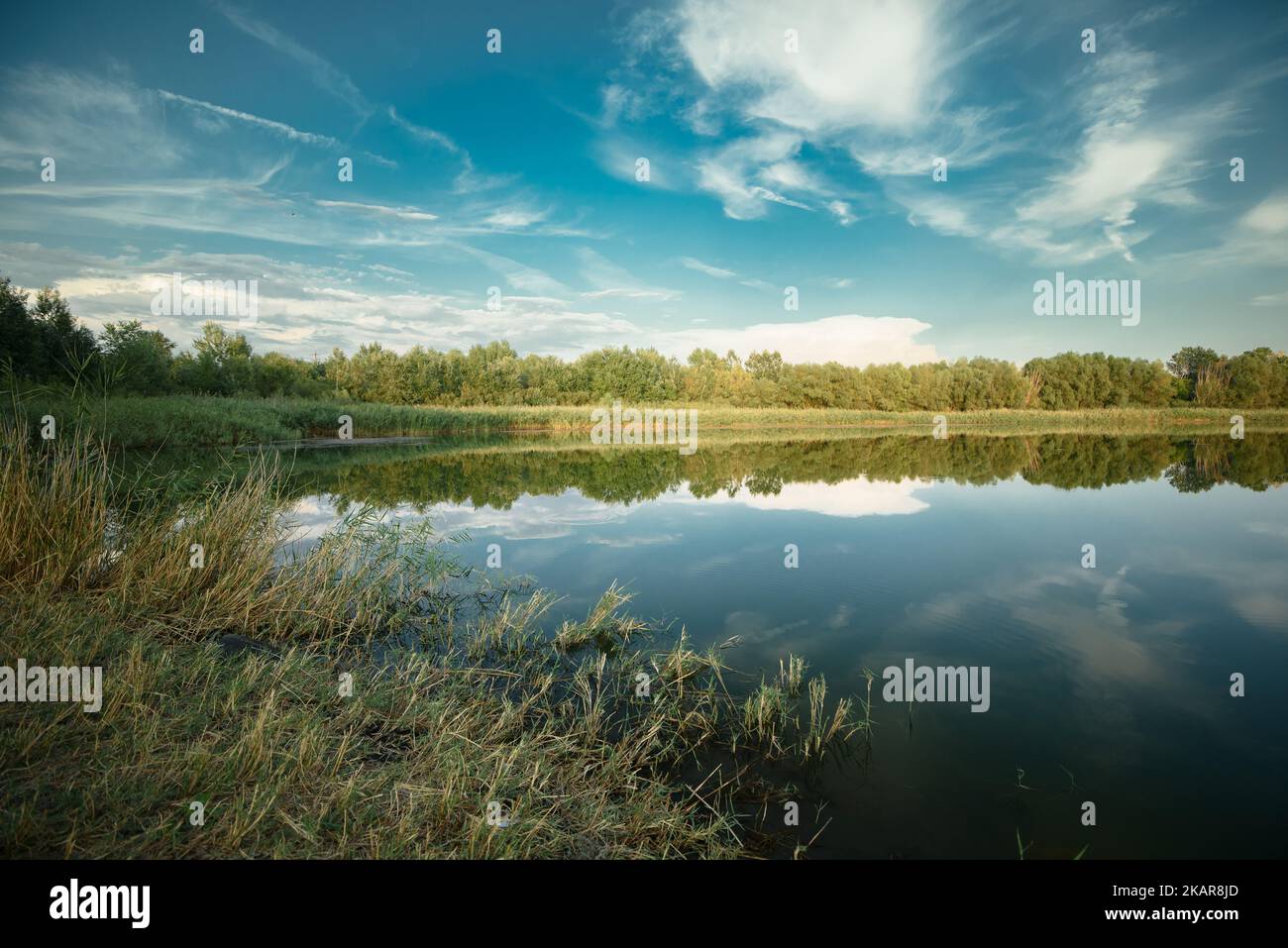 A clear pond with the sky reflection in the water Stock Photo - Alamy