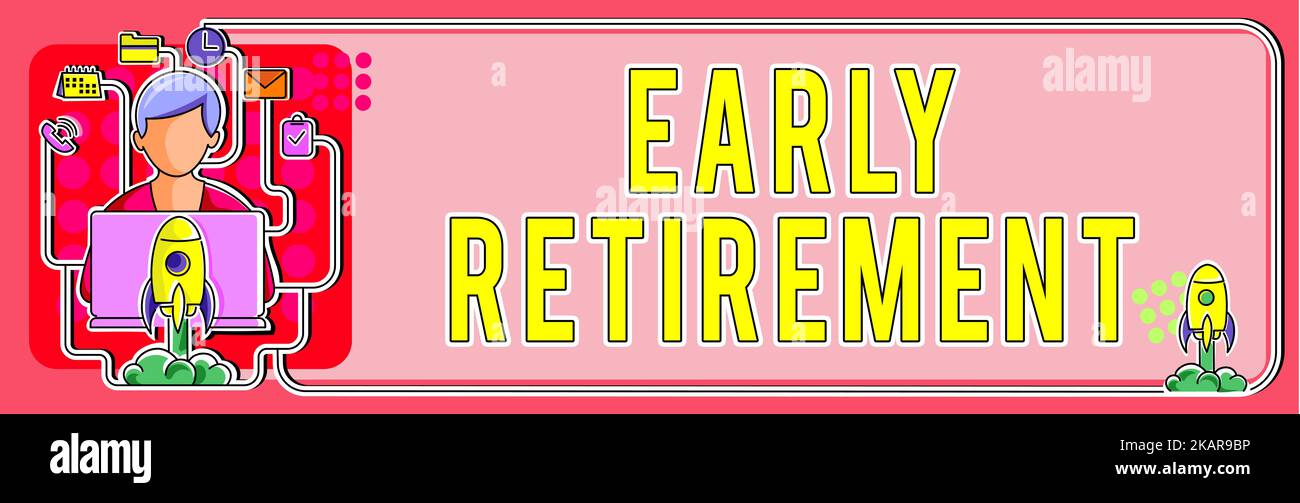 Conceptual caption Early Retirement. Concept meaning a tool used to ...